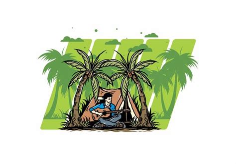 Premium Vector Man With Guitar In Front Of Tent Between Coconut Tree
