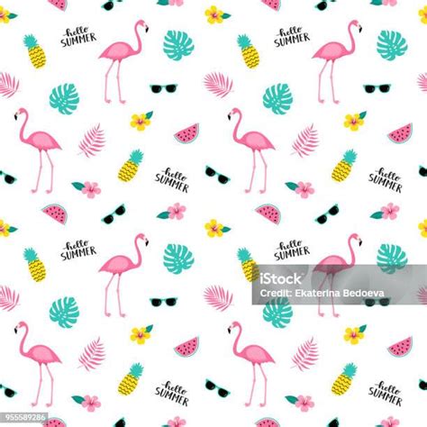 플라밍고 파인애플 열 대 여름 원활한 귀여운 화려한 패턴 나뭇잎 수 박 꽃 흰색 바탕에 선글라스 홍학에 대한 스톡 벡터 아트 및 기타 이미지 Istock