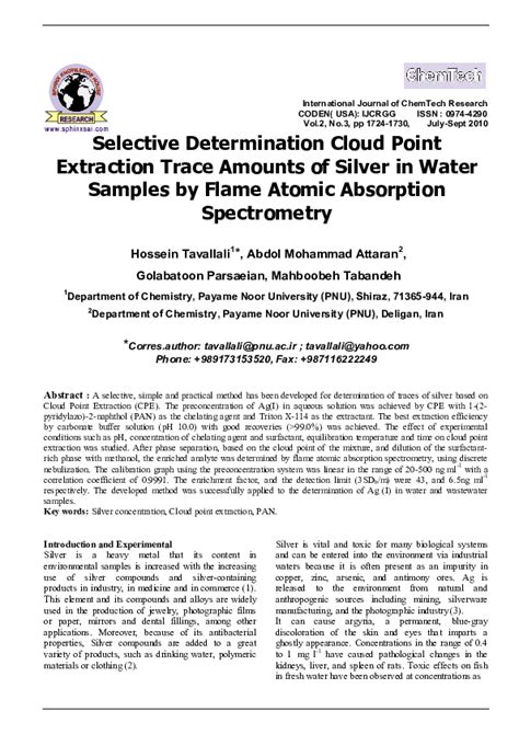Pdf Selective Determination Cloud Point Extraction Trace Amounts Of Silver In Water Samples By