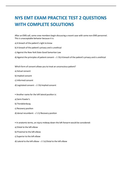 NYS EMT EXAM PRACTICE TEST QUESTIONS WITH COMPLETE SOLUTIONS EMT