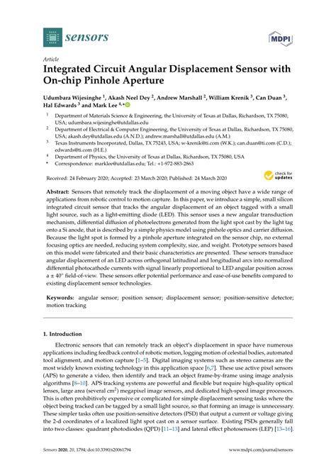 Pdf Integrated Circuit Angular Displacement Sensor With On Chip Pinhole Aperture