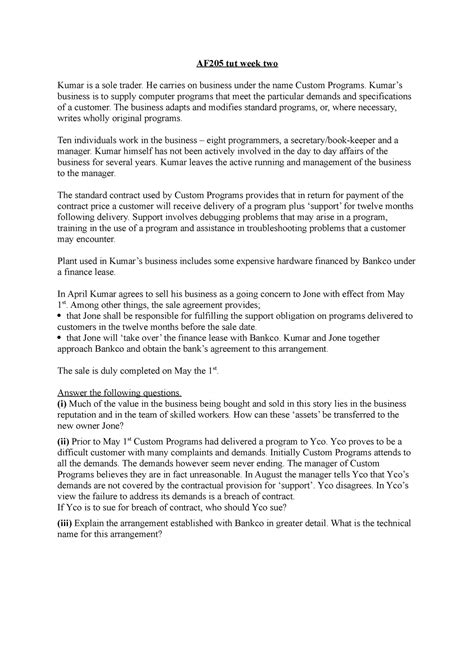 Week 2 Tut 2022 Lecture Notes Af205 Tut Week Two Kumar Is A Sole Trader He Carries On