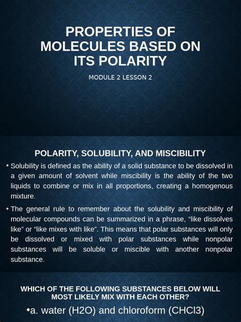 Module 2 Lesson 2 Properties Of Molecules Based On Its Polarity Pdf Chemical Polarity Liquids