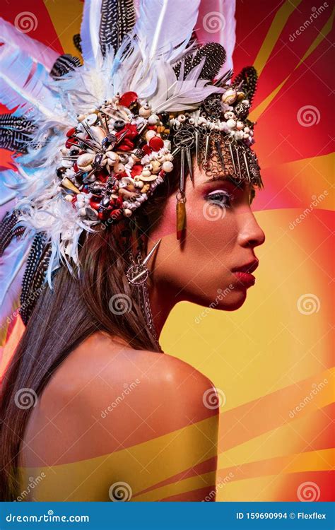 Side View Of Beautiful Naked Woman In Tribal Headdress Stock Photo Image Of Background Female