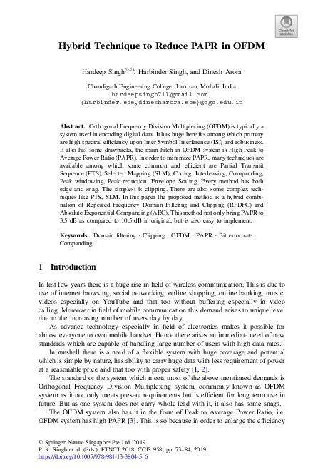 Pdf Hybrid Technique To Reduce Papr In Ofdm Dr Harbinder Singh