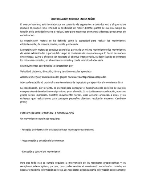 Coordinación Motora En Los Niños Pdf Coordinación Motriz Músculo