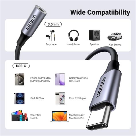 UGREEN USB C To Mm Jack Earphone Cable Headphone Adapter Type C AUX USB C Audio Mic Adapter