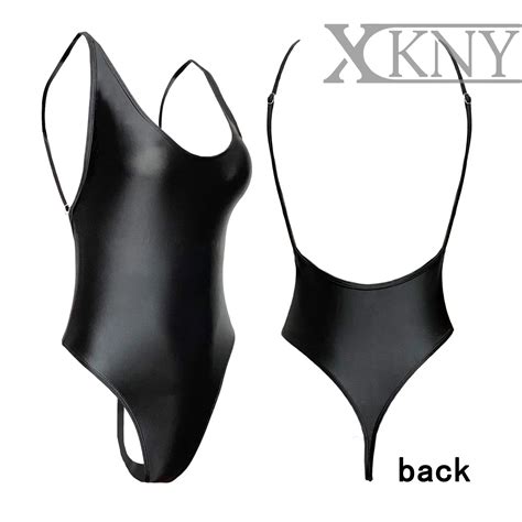 Xckny Satin Glossy One Piece Tights Silk Smooth Black Swimsuit Sexy Low