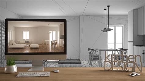 건축가 디자이너 프로젝트 개념 집 키 3d 문자와 데스크톱 표시 도면 청사진 스케치 배경 화이트 거실 인테리어 디자인에와 나무 테이블 가정 주방에 대한 스톡 사진 및 기타