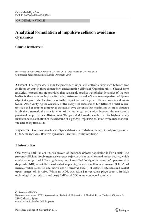PDF Analytical Formulation Of Impulsive Collision Avoidance Dynamics