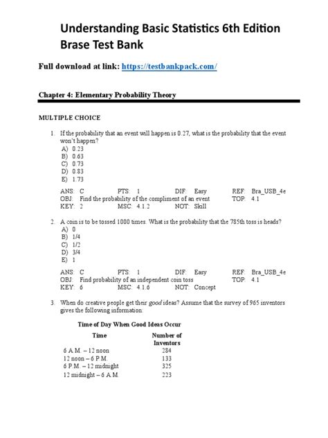 Understanding Basic Statistics 6th Edition Brase Test Bank 1 Pdf