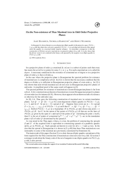 Pdf On The Non Existence Of Thas Maximal Arcs In Odd Order Projective