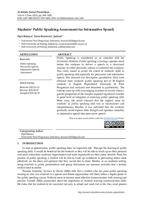 Pdf Students Public Speaking Assessment For Informative Speech