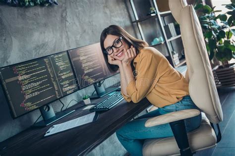 Profile Side View Portrait Of Attractive Cheery Girl Expert Developing Remote Project At