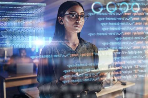 Tablet Code Hologram And Business Woman In Data Analysis Digital Technology Or Software