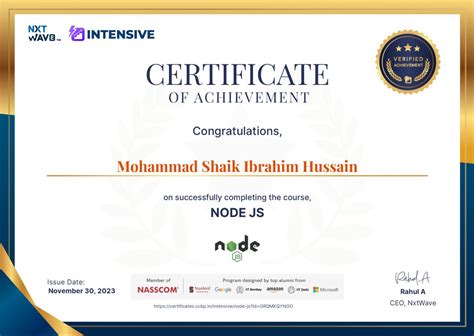 earned node js certification from nxtwave ibrahim hussain posted on the topic linkedin