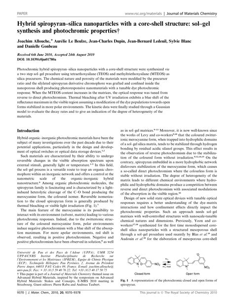 Pdf Hybrid Spiropyran Silica Nanoparticles With A Core Shell Structure Sol Gel Synthesis And