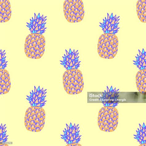 노란색 배경에 밝은 파인애플이있는 매끄러운 패턴 직물과 장식에 대한 벡터 일러스트레이션 건강한 식생활에 대한 스톡 벡터 아트 및 기타 이미지 건강한 식생활 과일