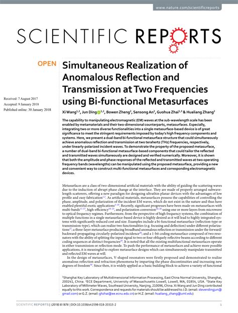 Pdf Simultaneous Realization Of Anomalous Reflection And Transmission At Two Frequencies Using