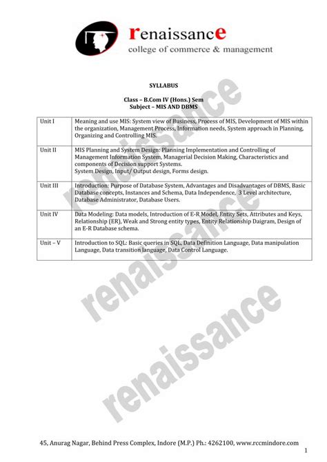 PDF SYLLABUS Class B Com IV Hons Sem Subject MIS AND DBMS DOKUMEN TIPS