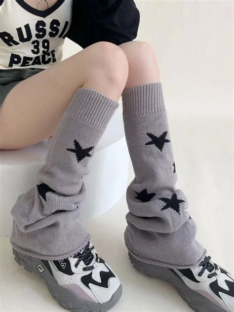 코사히키 Kosahiki 일본 스타 프린트 양면 착용 여성 레그 워머 양말 Jk 부츠 커버 로리타 Y2k 하라주쿠 니트 양말