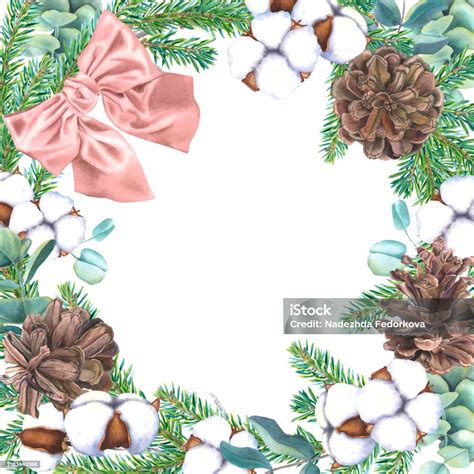 솔방울 침엽수 가지 유칼립투스 면화 덩어리와 분홍색 리본 활이 있는 새해 사각형 프레임 고립 된 배경에 손으로 그린 수채화 그림 카드를 위한 크리스마스 디자인 0명에 대한