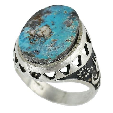 خرید و قیمت انگشتر فیروزه نیشابوری معدنی بسیار خوشرنگ با نقش و نگار زیبا رنگ طبیعی رکاب نقره 925