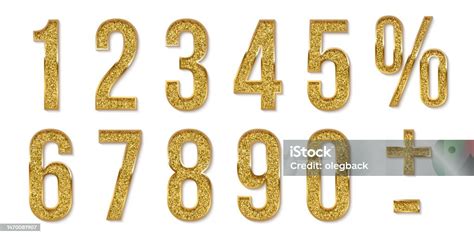 흰색 배경에 0에서 9까지의 황금 숫자 골드 제로 하나 둘 셋 넷 다섯 여섯 일곱 여덟 아홉 더하기 빼기 및 백분율 기호 날짜 또는 기념일에 대한 벡터 디자인 0에 대한