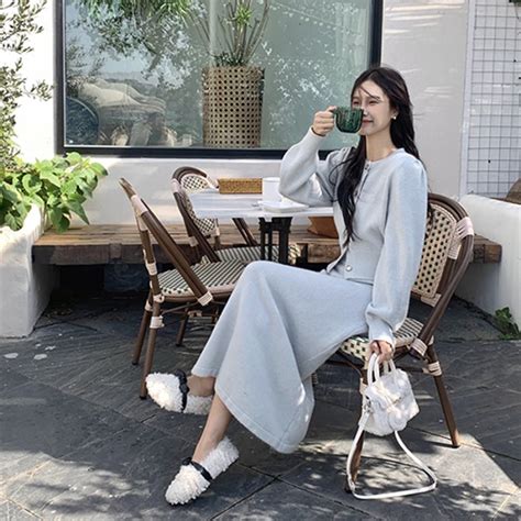 당일배송 세블 니트 가디건 And 롱 스커트 코디 세트 허니시스터