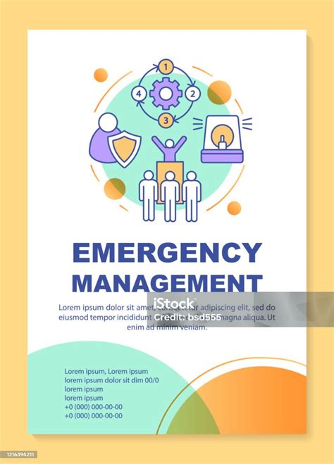 비상 관리 포스터 템플릿 레이아웃입니다 구조 서비스 자연 재해 배너 소책자 전단지 인쇄 디자인 선형 아이콘 잡지 광고 전단지에 대한 벡터 브로셔 페이지 레이아웃 컴퓨터