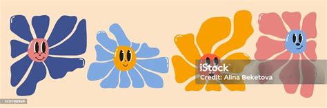 만화 재미있는 웃는 얼굴 데이지 복고풍 캐릭터와 낙서 꽃 꽃 식물에 대한 스톡 벡터 아트 및 기타 이미지 꽃 식물 스티커