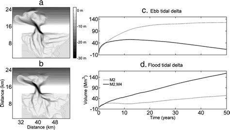 50 Year Bed Evolutions A No Tidal Asymmetry M 2 B With Tidal