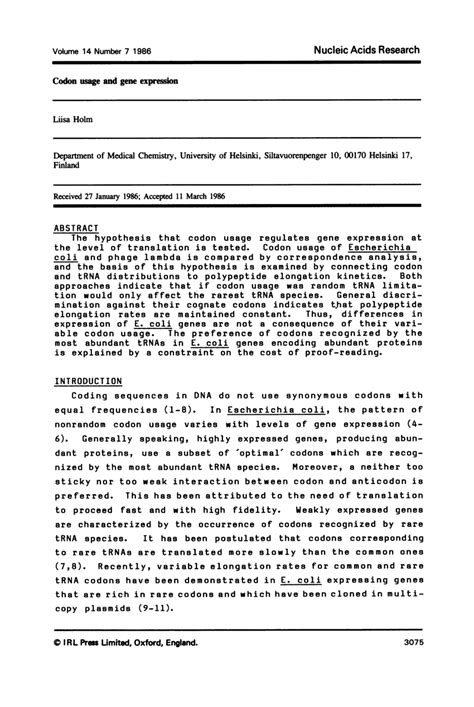Pdf Codon Usage And Gene Expression