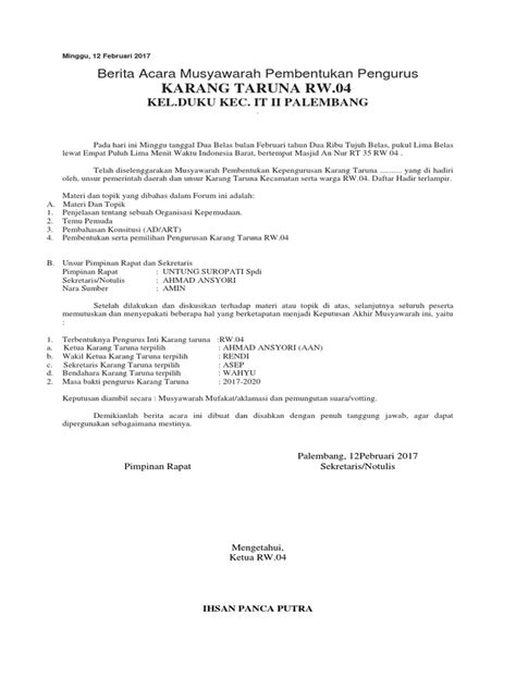 Surat Berita Acara Pemilihan Ketua Rt Contoh Surat Berita Acara Hasil