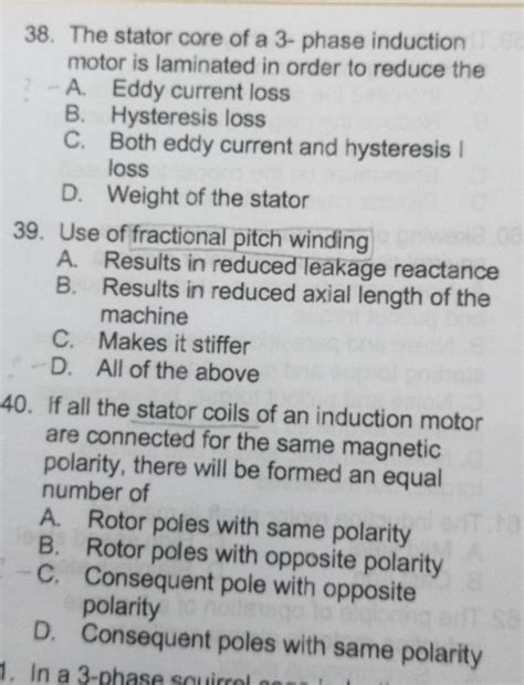 Solved The Stator Core Of A 3 Phase Induction Motor Is Laminated In Order To Reduce The A