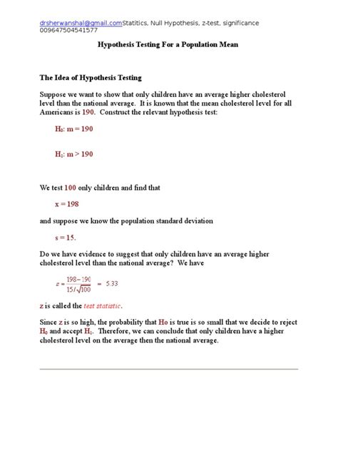 Null Hypothesis Statistics Z Test Significance Pdf Statistical