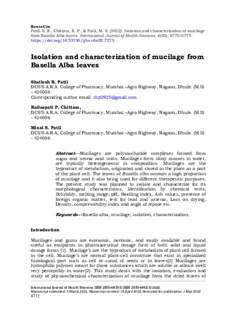 Pdf Isolation And Characterization Of Mucilage From Basella Alba Leaves