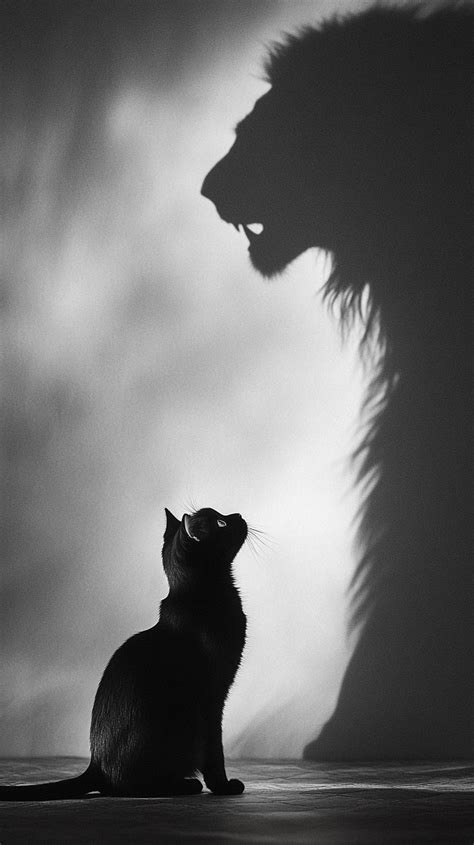 검은 고양이가 앉아 사자의 실루엣을 투사하고 있다