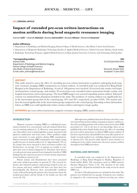 Pdf Impact Of Extended Pre Scan Written Instructions On Motion Artifacts During Head Magnetic