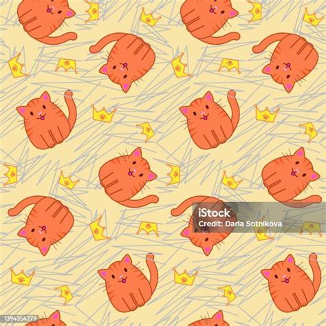 재미있는 만화 고양이와 원활한 패턴 만화 플랫 스타일로 귀여운 일러스트 섬유 포장지 어린이 옷 보육 디자인 및 장식용 인쇄물 0명에 대한 스톡 벡터 아트 및 기타 이미지