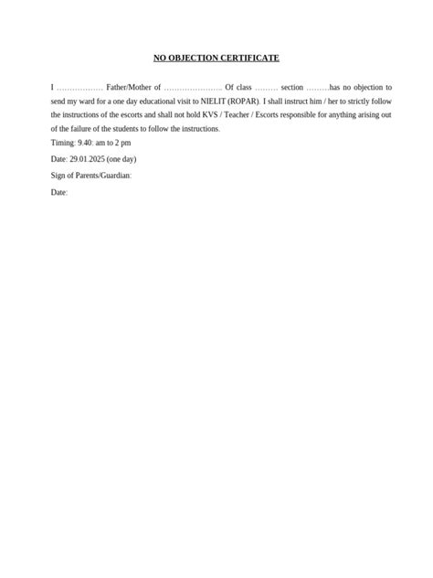 No Objection Certificate For School Trip Pdf