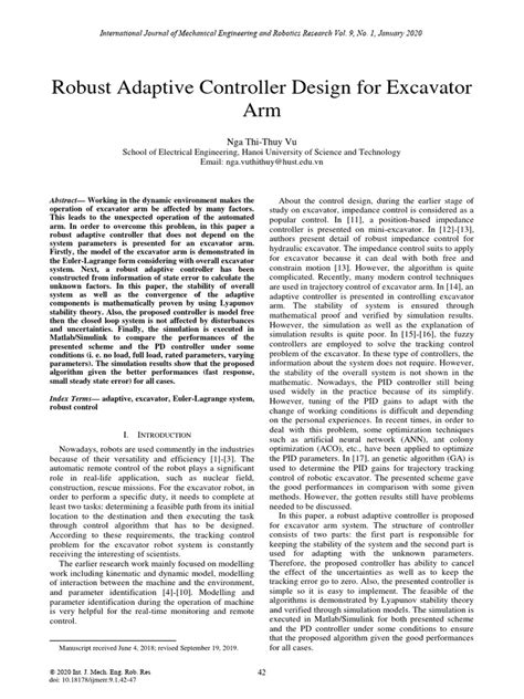 Robust Adaptive Controller Design For Excavator Arm Nga Thi Thuy Vu Pdf Control Theory