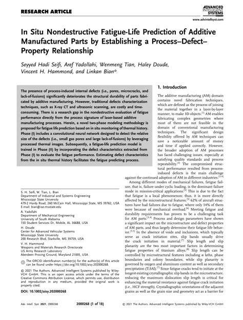 Pdf In Situ Nondestructive Fatigue‐life Prediction Of Additive Manufactured Parts By