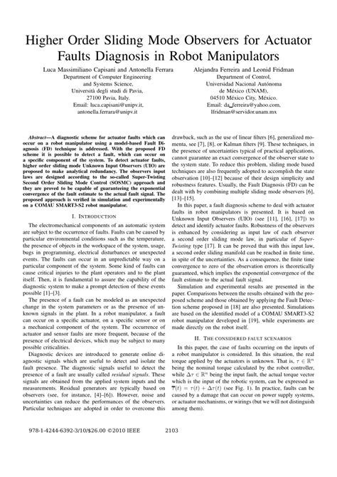 Pdf Higher Order Sliding Mode Observers For Actuator Faults Diagnosis In Robot Manipulators
