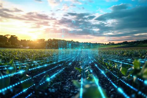 High Tech Holographic Crop Yield Data Display Enhances Rural Farmland Analytics At Sunset