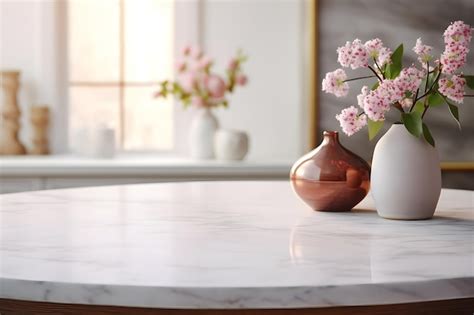 미적으로 깨끗한 흰색 고급 인테리어 배경이 있는 빈 둥근 대리석 테이블 프리미엄 Ai 생성 이미지