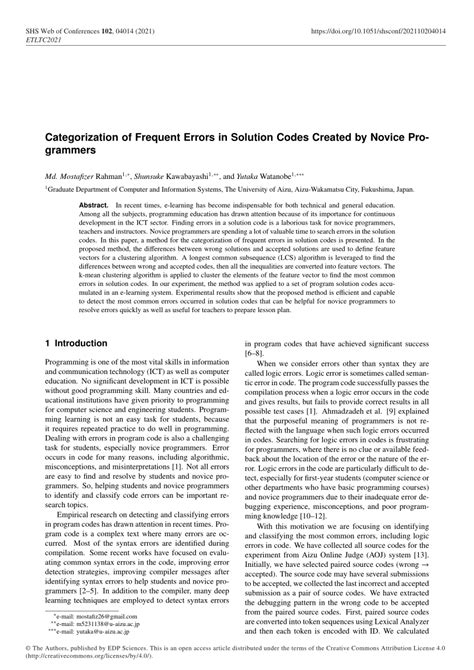 Pdf Categorization Of Frequent Errors In Solution Codes Created By