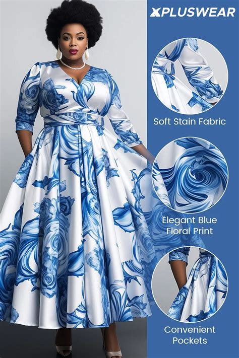 Xpluswear Design Plus Size Formal Blue Floral V Neck Long Sleeve