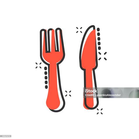 포크와 나이프 레스토랑의 만화 스타일에서 아이콘입니다 저녁 식사 장비 벡터 만화 그림 그림 레스토랑 비즈니스 개념 스플래시 효과입니다 강철에 대한 스톡 벡터 아트 및 기타