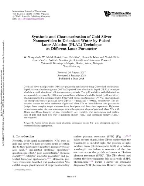 Pdf Synthesis And Characterization Of Gold Silver Nanoparticles In Deionized Water By Pulsed
